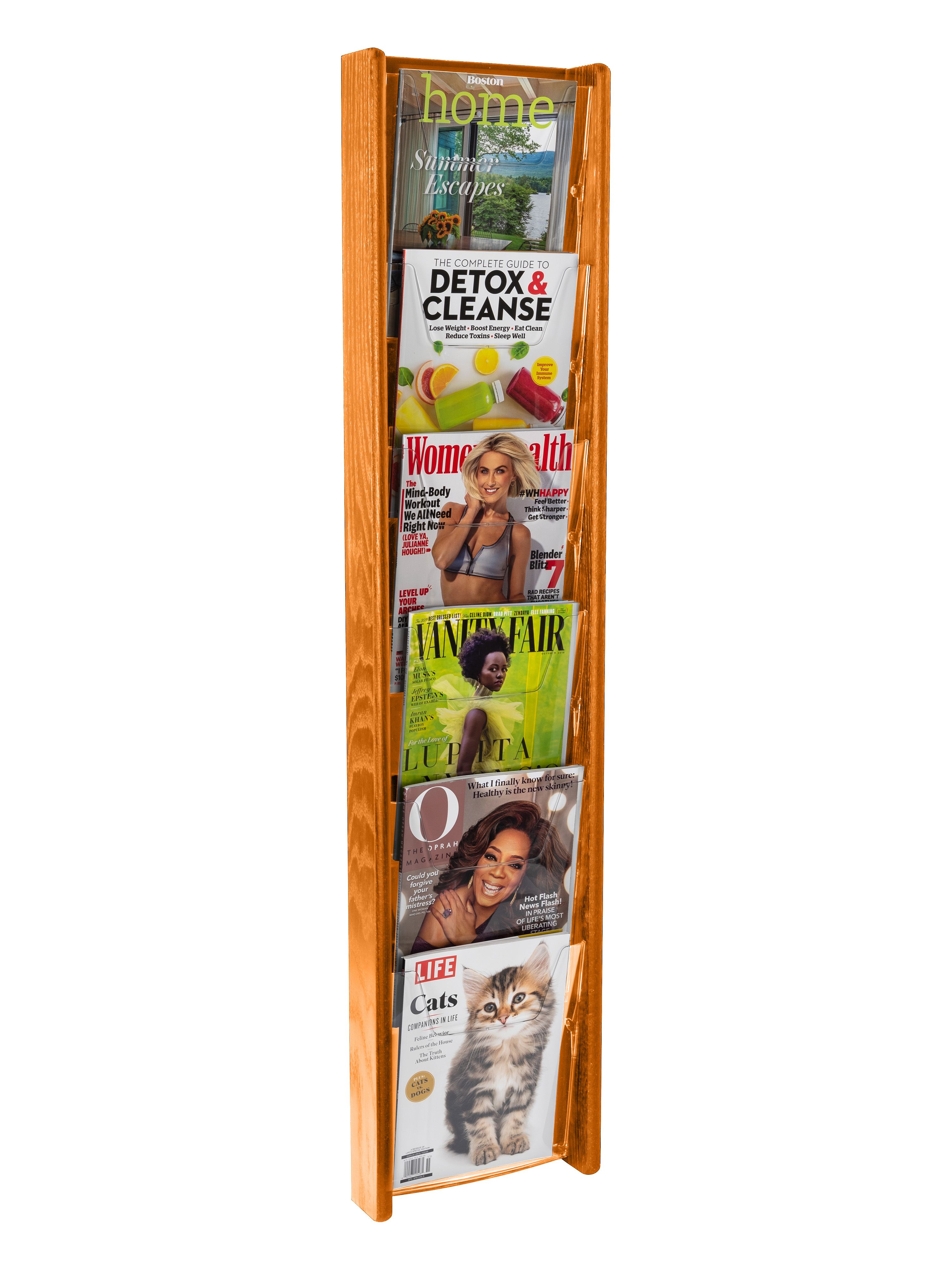 6 Tiered Wooden Hanging Magazine Rack | Medium Oak Finish | Displays2go