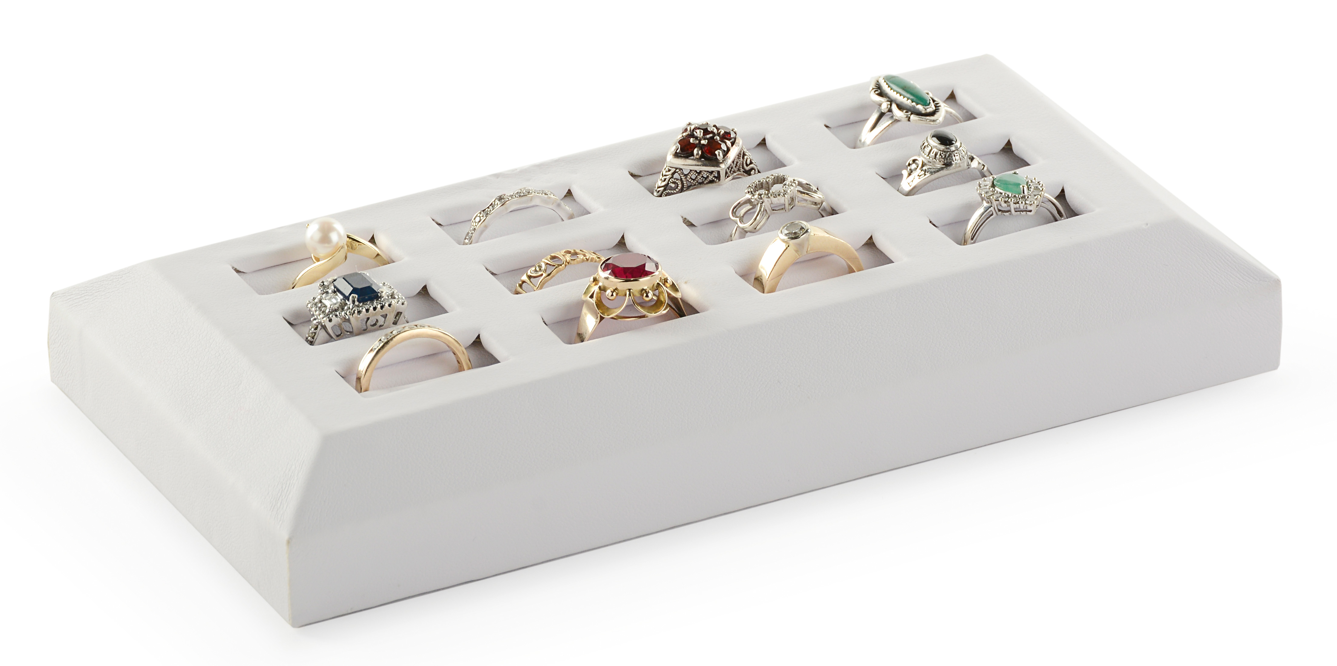 Ring Display Tray | (12) Slots in White Leatherette Holder | Displays2Go