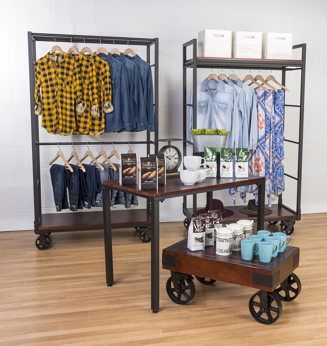 Mobile Industrial Retail Dual Shelf Armoire Rack | Wagon Wheels ...