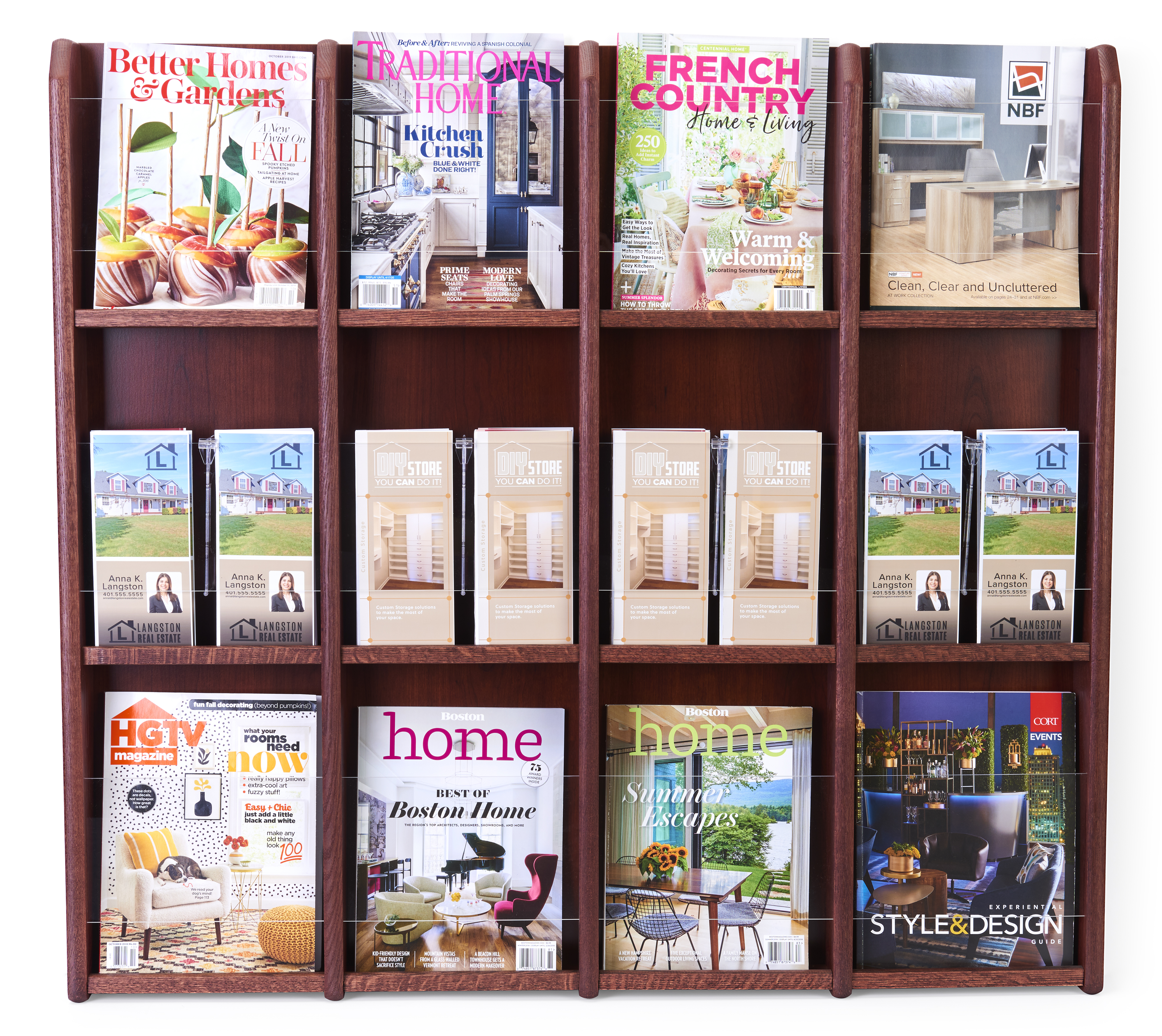 12 Pocket Magazine Wall | Oak Wood with Mahogany Finish | Displays2Go