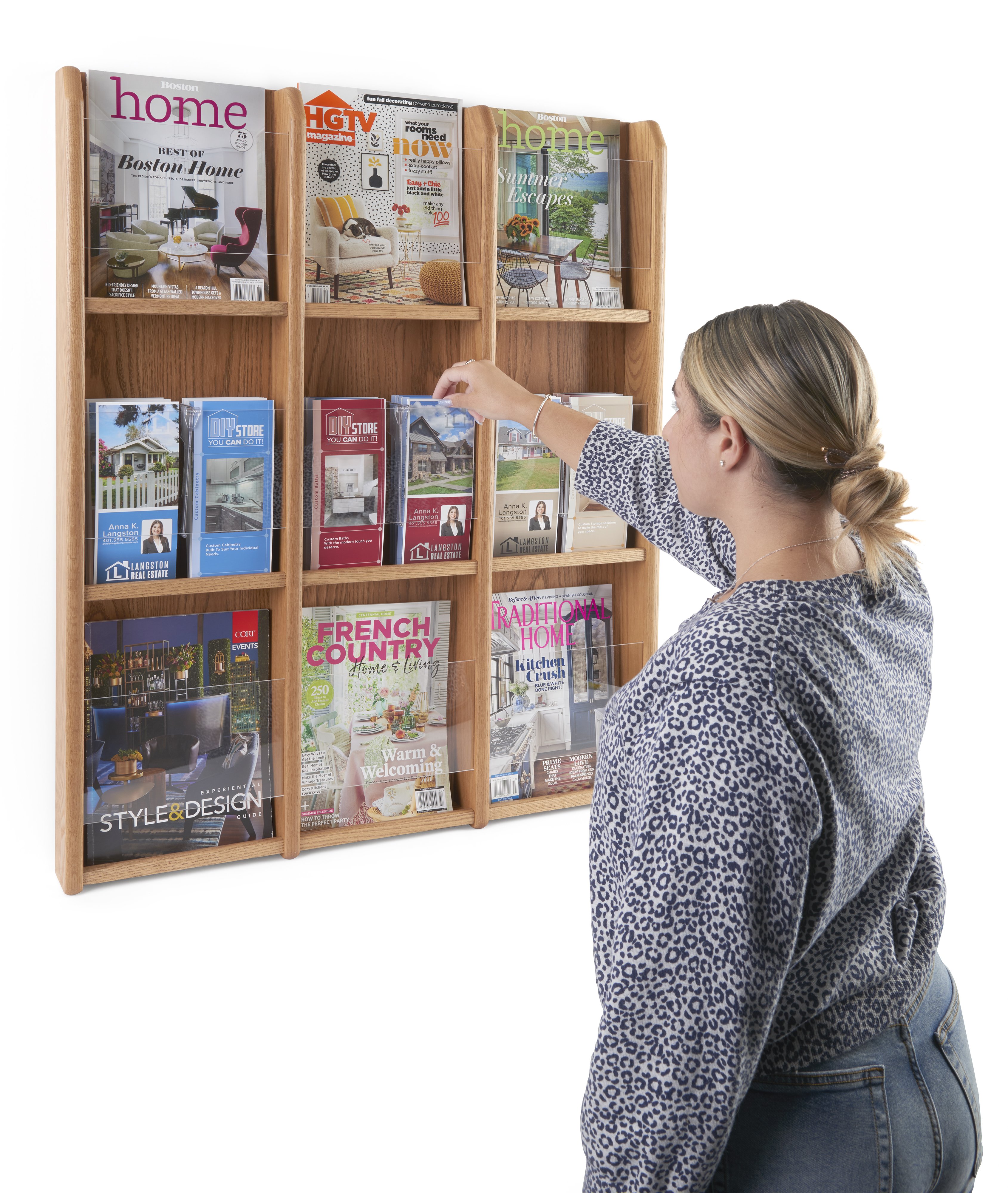 Wall Hanging 9 Magazine Display | Medium Oak Finish Wood Rack | Displays2Go