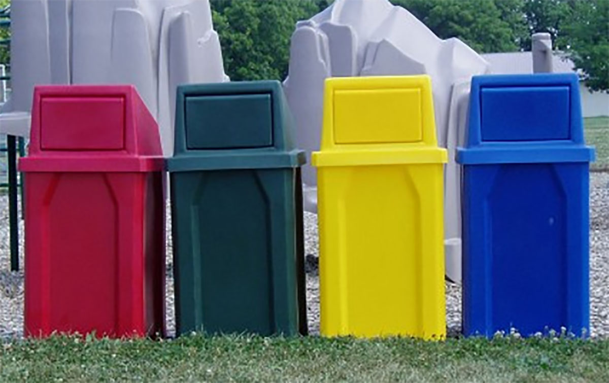 Yellow Plastic Outdoor Trash Receptacle | Commercial Use | Displays2Go