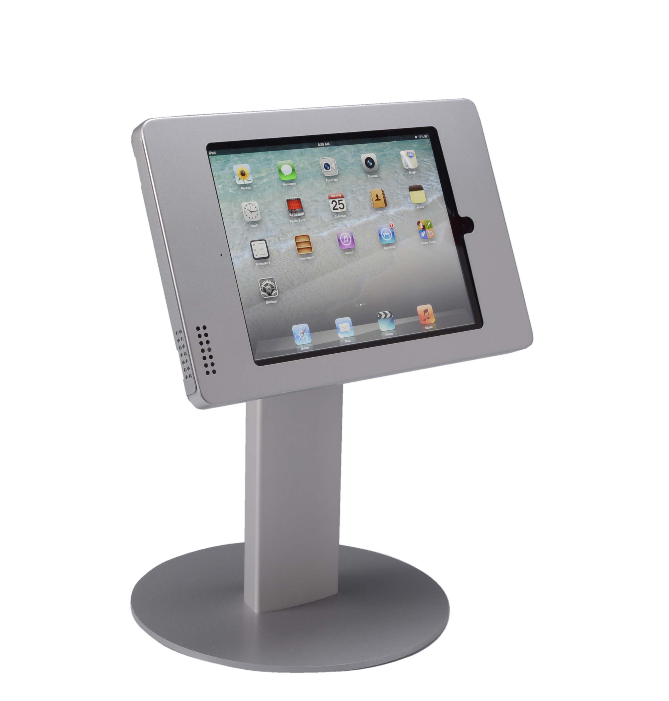 Silver iPad Counter Stand | Dual Locking Bracket & Round Base | Displays2Go