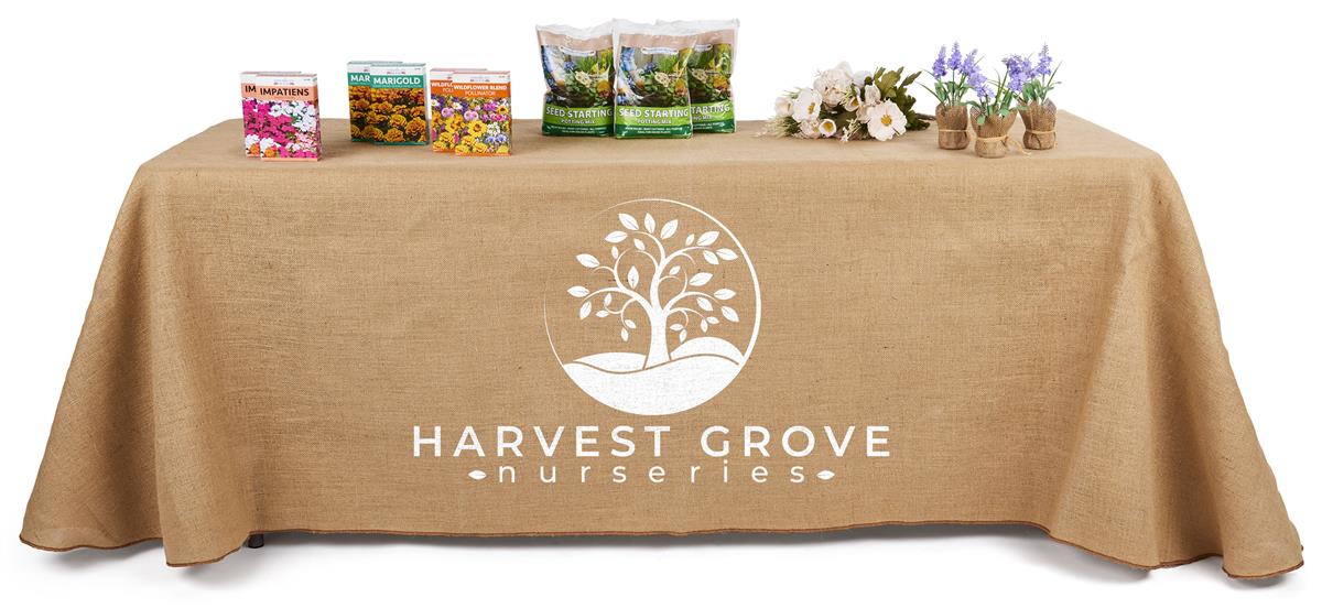 Burlap Table Cover with Custom Logo | White Heat Transfer Print