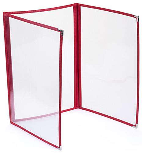 Red 8.5” x 14” (3) Panel Clear Menu Covers | Cuisine Jacket