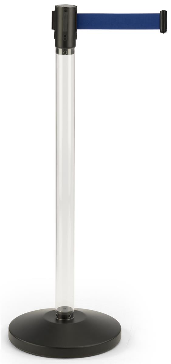 Fillable Clear Stanchion with Blue Belt | Weighted Base