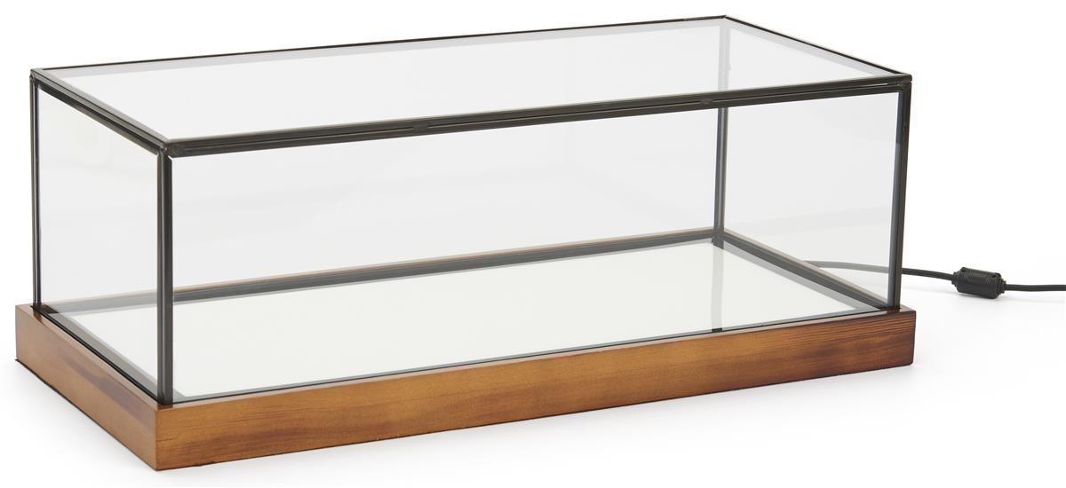 LED Glass Tabletop Display Box | Black Copper Frame w/ Wood Base