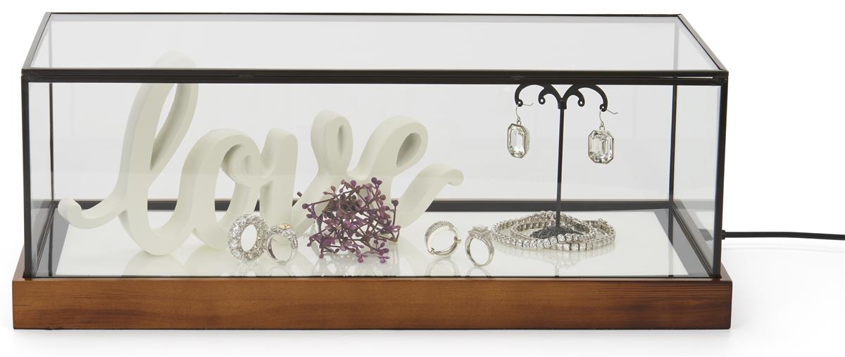 LED Glass Tabletop Display Box | Black Copper Frame w/ Wood Base