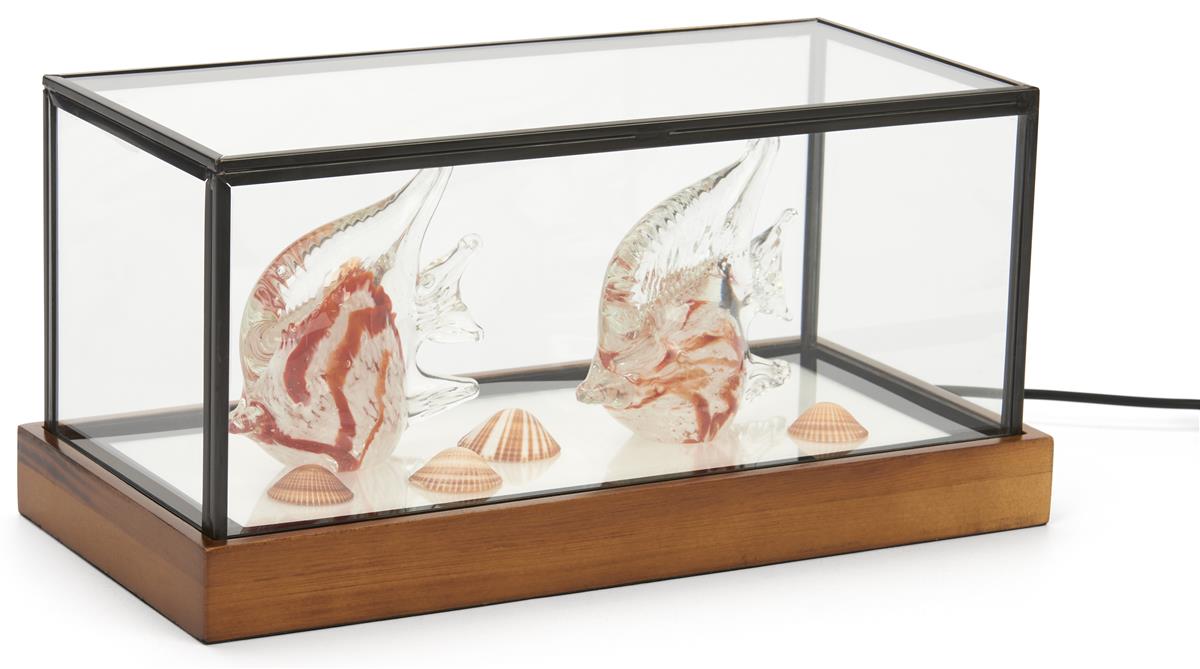 LED Glass Tabletop Display Box | Black Copper Frame w/ Wood Base