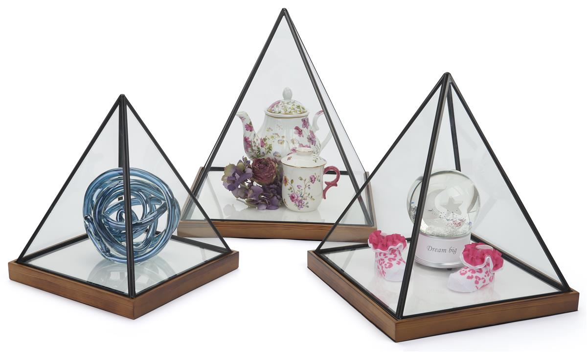Lighted Pyramid Glass Box | Antiqued Gold Edging and Lift-Off Top