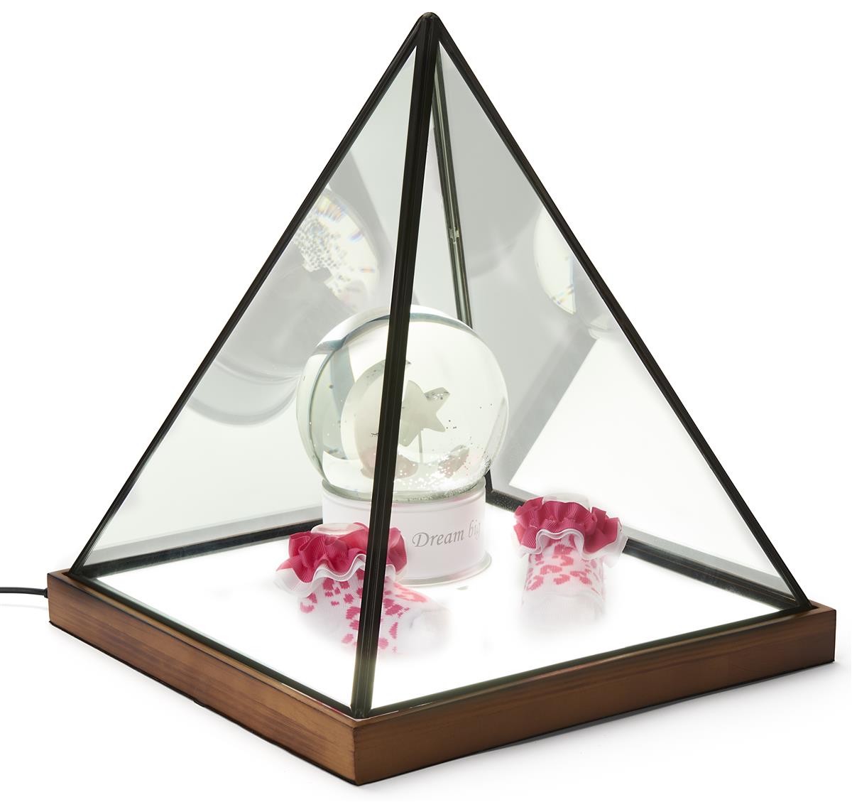 Lighted Pyramid Glass Box | Antiqued Gold Edging and Lift-Off Top