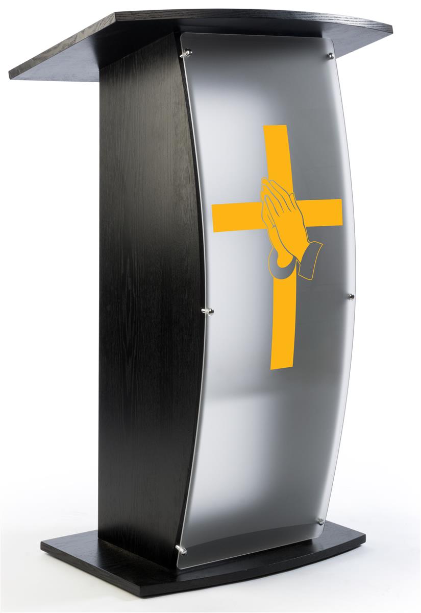 Contemporary Curved Lectern with Custom Panel | With 2 Shelves