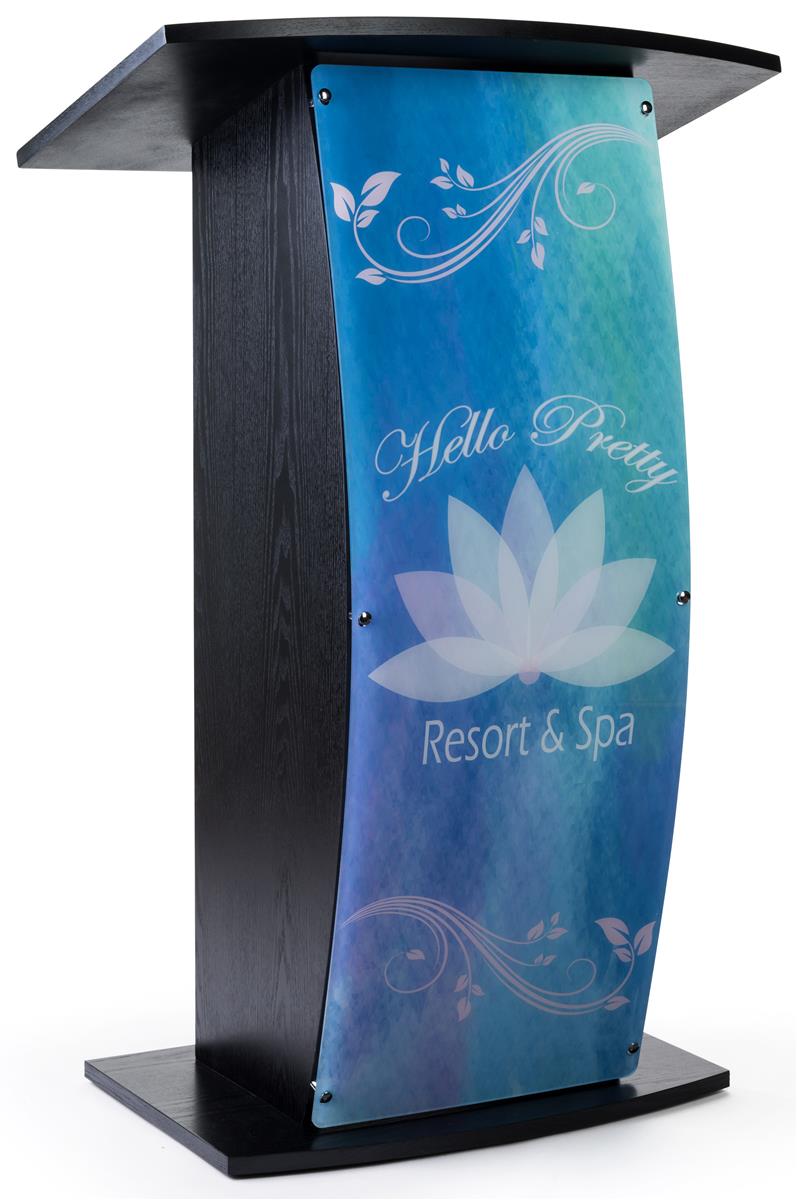 Contemporary Curved Lectern with Custom Panel | With 2 Shelves