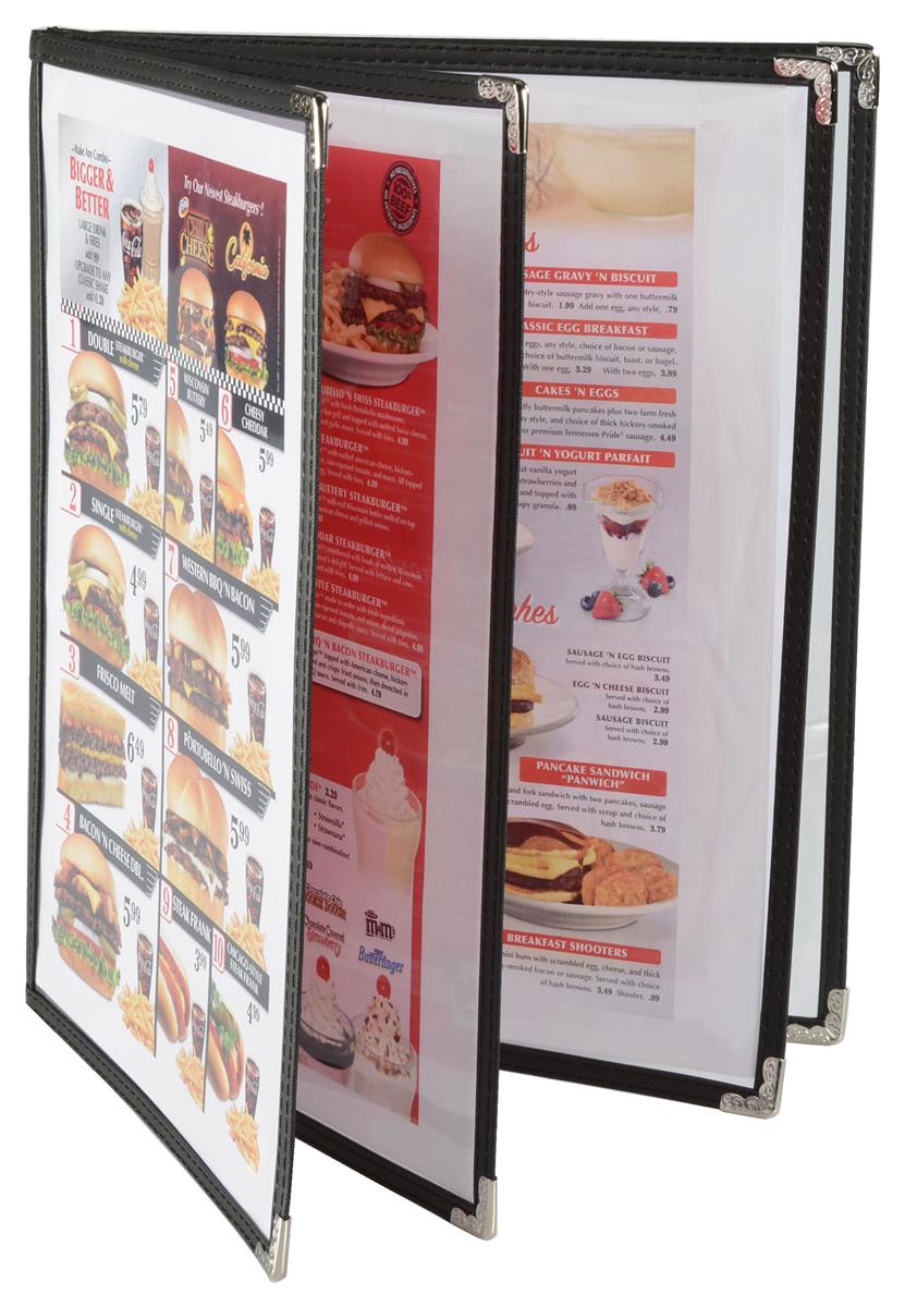 Black Menu Cover | (8) Sheet Display - Silver Corner Protectors