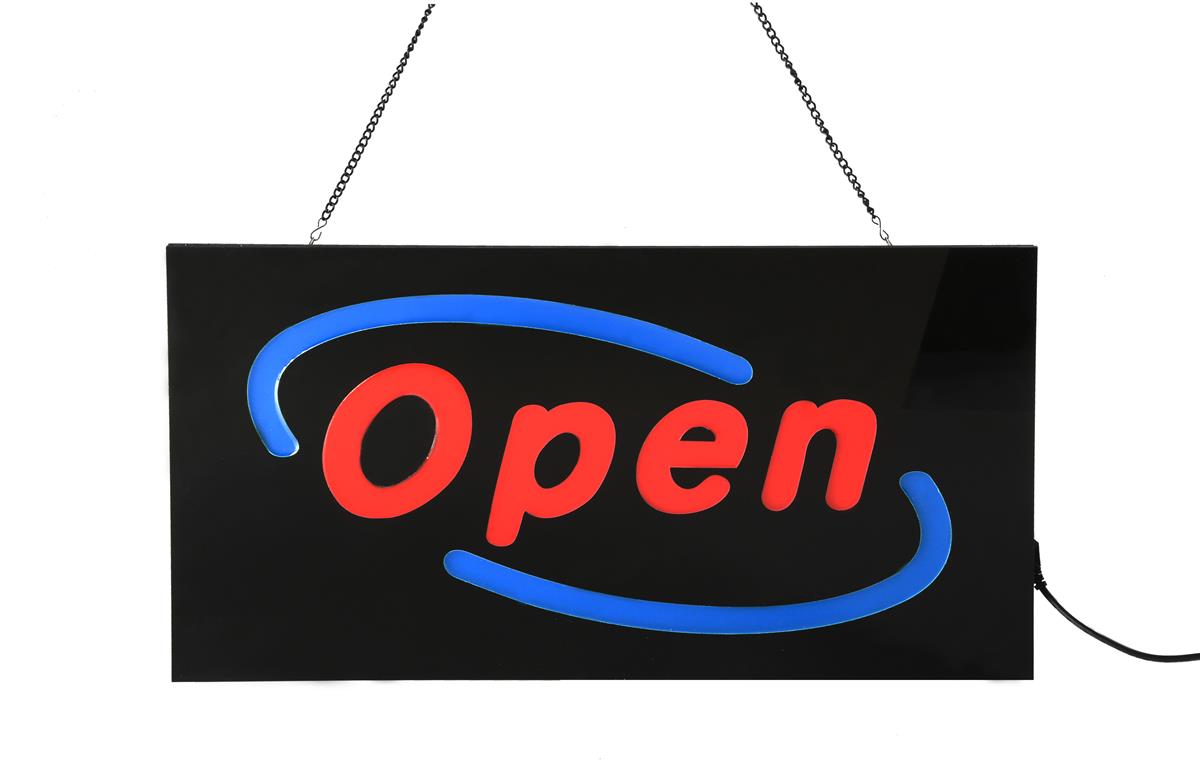 Light Up Open LED Signage | Glowing Red Text with Blue Orbit