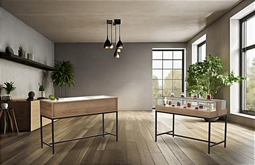 Glass Top Retail Console Table | Black Steel Base