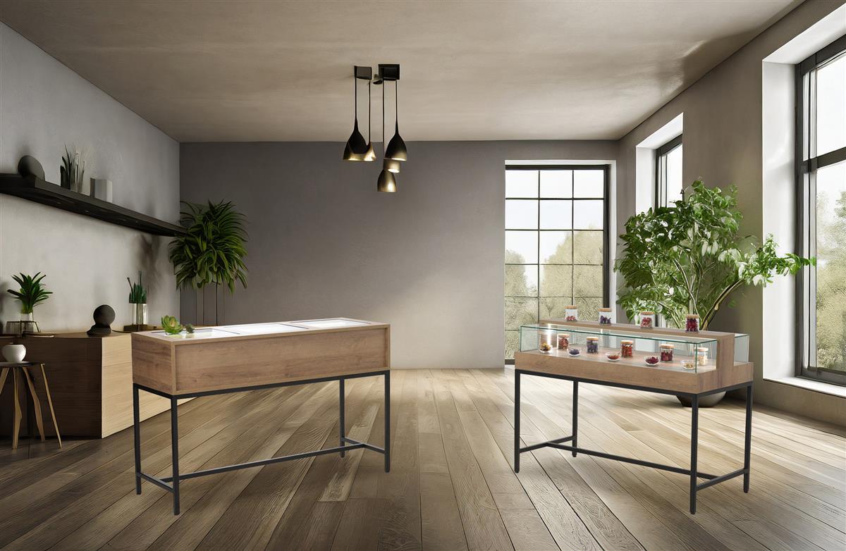 Glass Top Retail Console Table | Black Steel Base