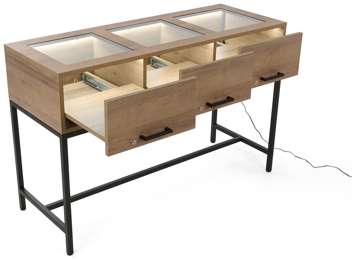 Glass Top Retail Console Table | Black Steel Base