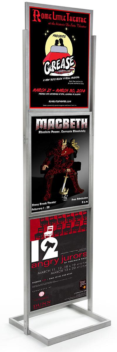 Triple Poster Stand | Silver 3-Tiered, Double-Sided Sign Display