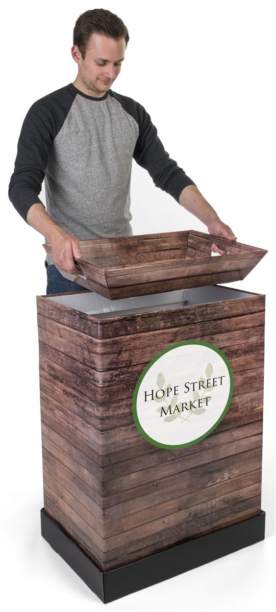 Custom Cardboard Dump Bin Rustic | Pre-Printed Faux Wood Exterior