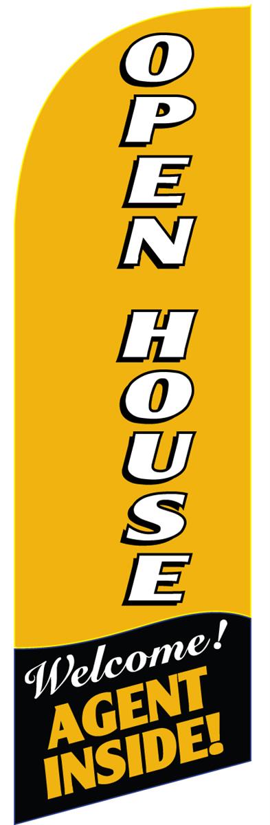 OPEN HOUSE Vertical Gold Marketing Flag | Knitted Polyester Fabri