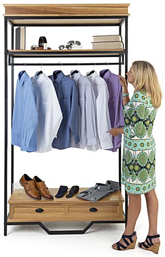 Industrial Rustic Clothes Rack | MDF Wood Shelving w/ Metal Rail