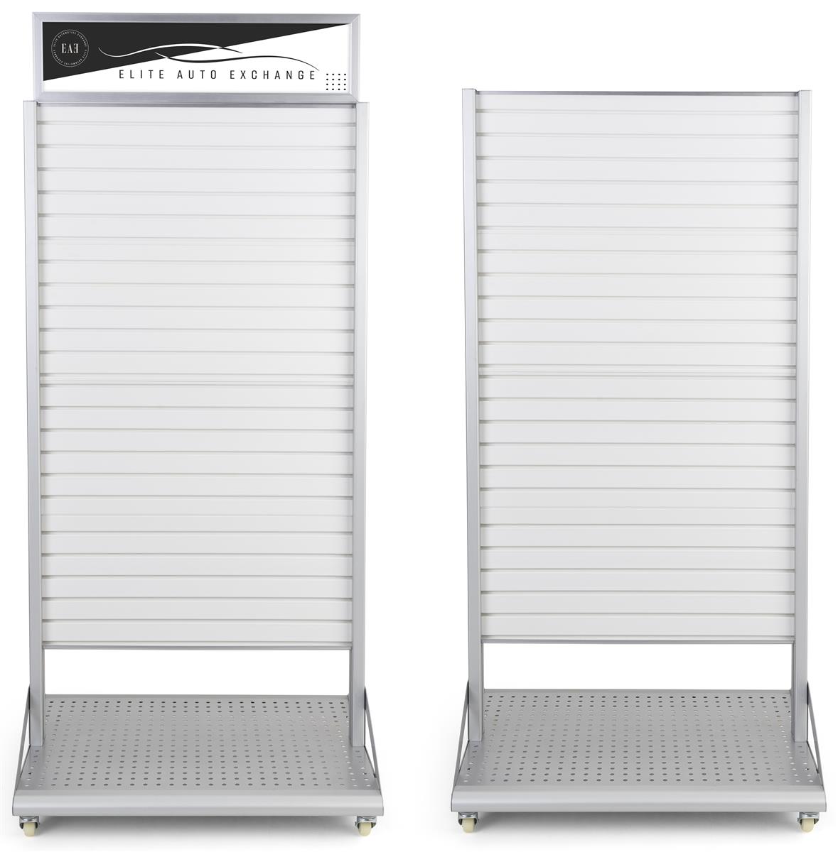 Rolling Slatwall Stand with Sign Holder | Double-Sided Panels