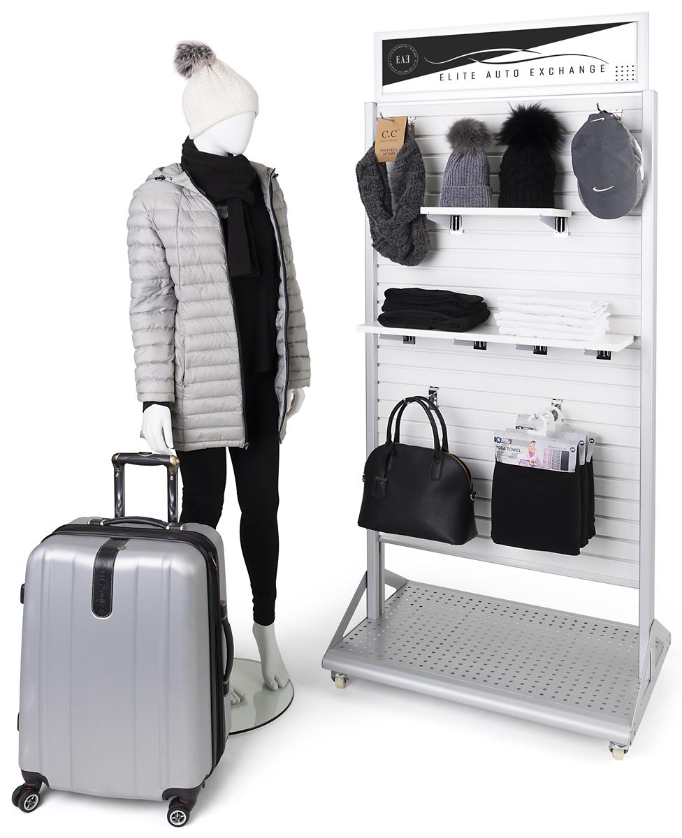 Rolling Slatwall Stand with Sign Holder | Double-Sided Panels