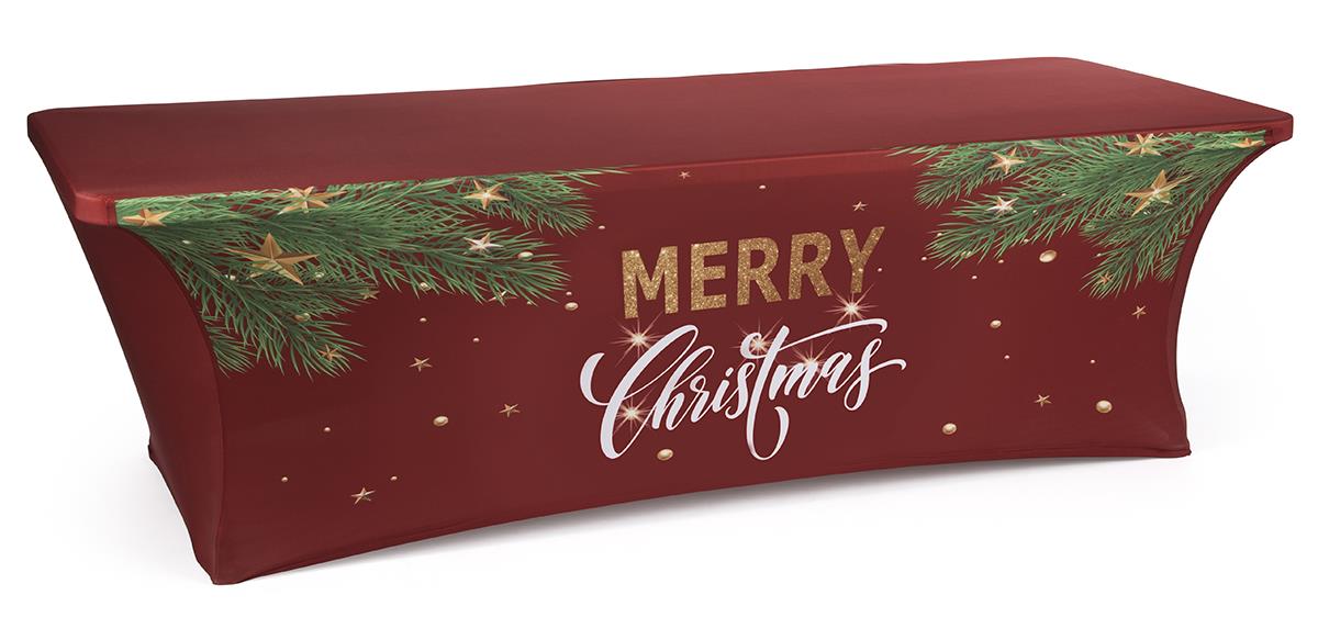 8’ “Merry Christmas” Fitted Table Cover | Built-In Foot Pockets