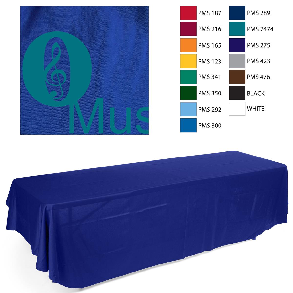 Royal Blue Imprinted Table Throw | 8' Cover for Trade Shows