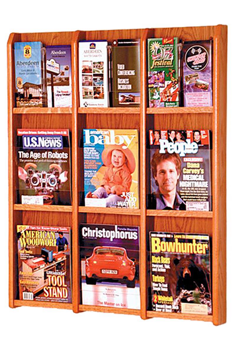 Wall Hanging 9 Magazine Display | Medium Oak Finish Wood Rack